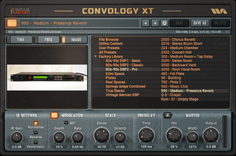 【無料】Impulse Record『Convology XT』が無料配布中！ビンテージ機器やリアル空間の残響を再現するコンボリューションリバーブプラグイン！
